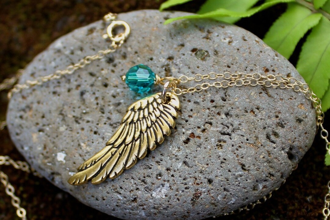 My Angel Necklace - Gold Plated Angel Wing and Birthstone Crystal on ...