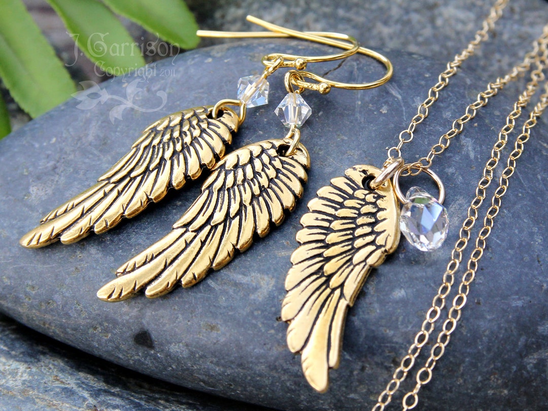 Gold Angel Wing Necklace & Earring Set - Gold Plated Wings, Swarovski ...