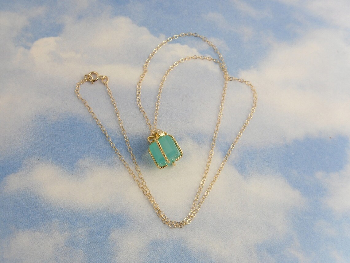 Tiny Present Necklace- Aqua Blue Gift Box Pendant on 14k Gold Filled ...