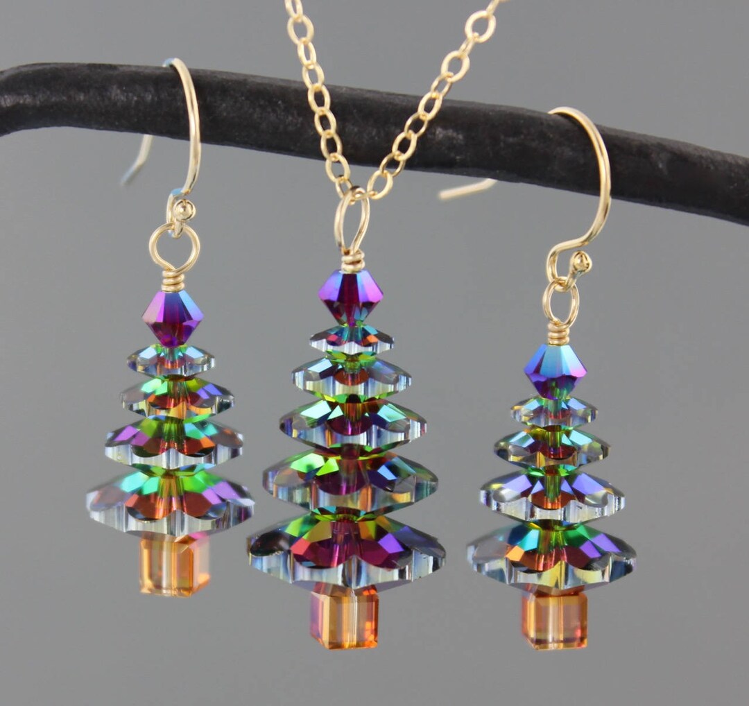 Color Changing Crystal Christmas Tree Gold Necklace and Earring Set ...