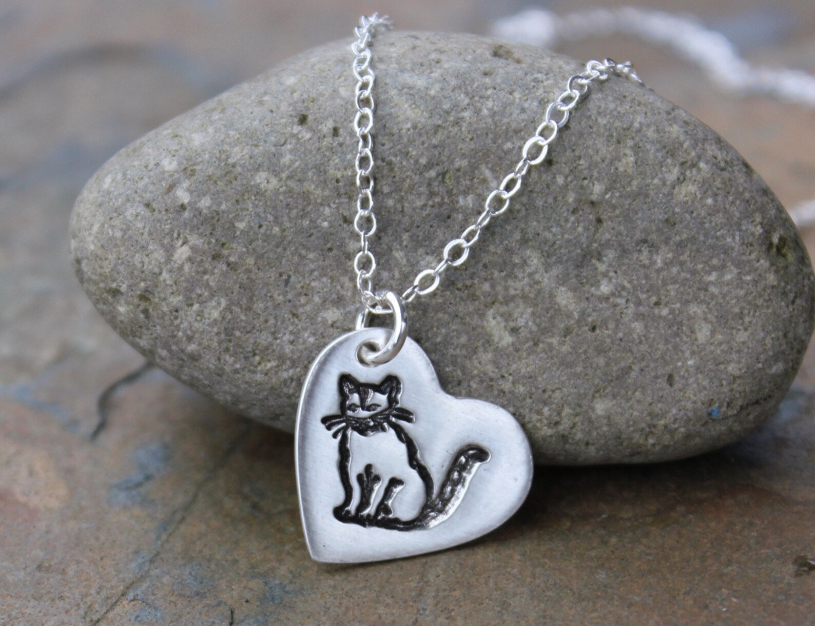 Kitty Cat Heart Necklace Handmade Fine Silver Heart Charm - Etsy