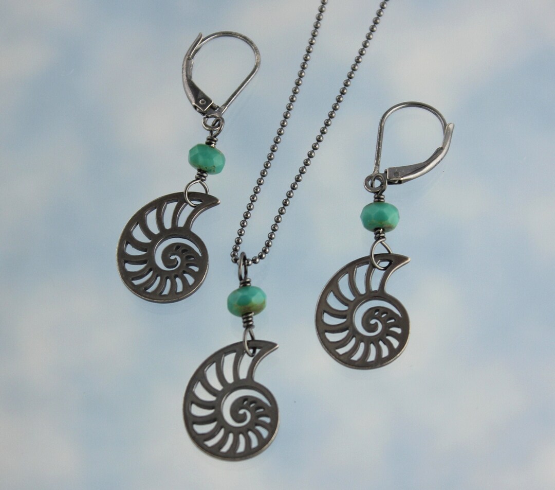 Nautilus Shell Necklace + Earring Set - Aqua Czech Glass Beads - Shiny ...