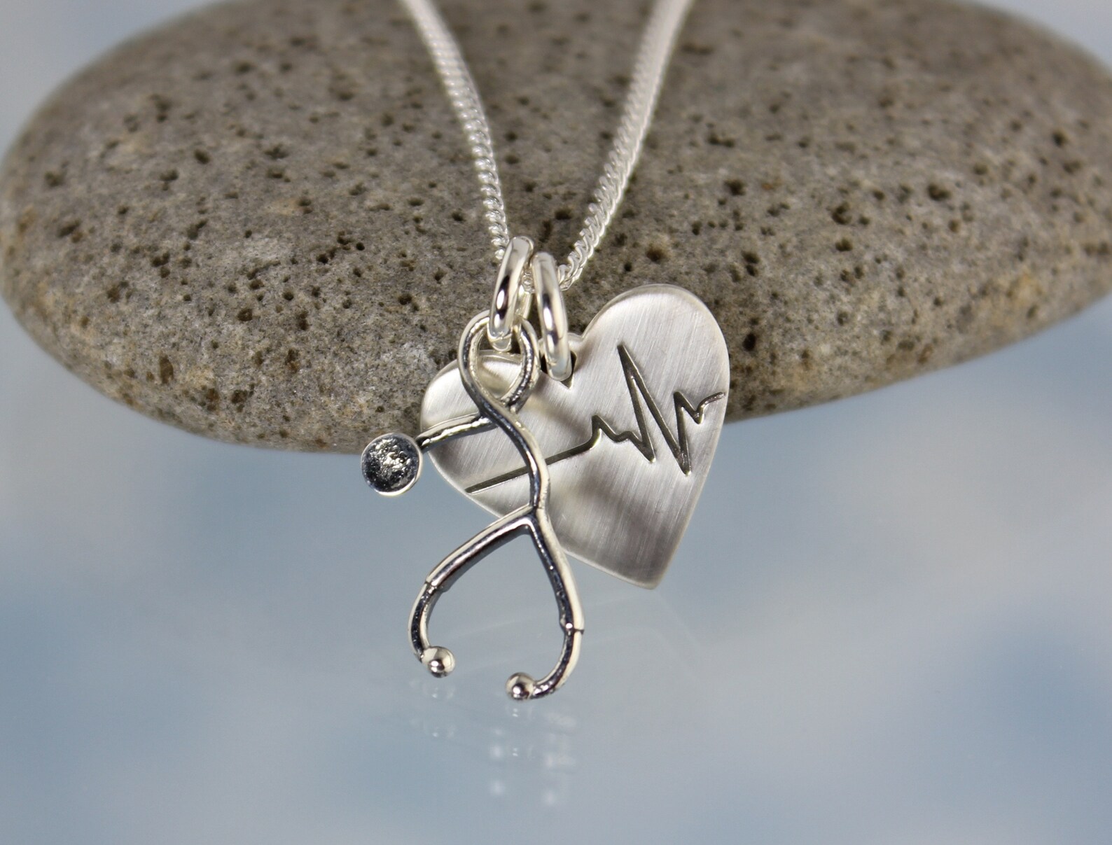 Heartbeat EKG Rhythm and Stethoscope Charm Necklace Sterling - Etsy