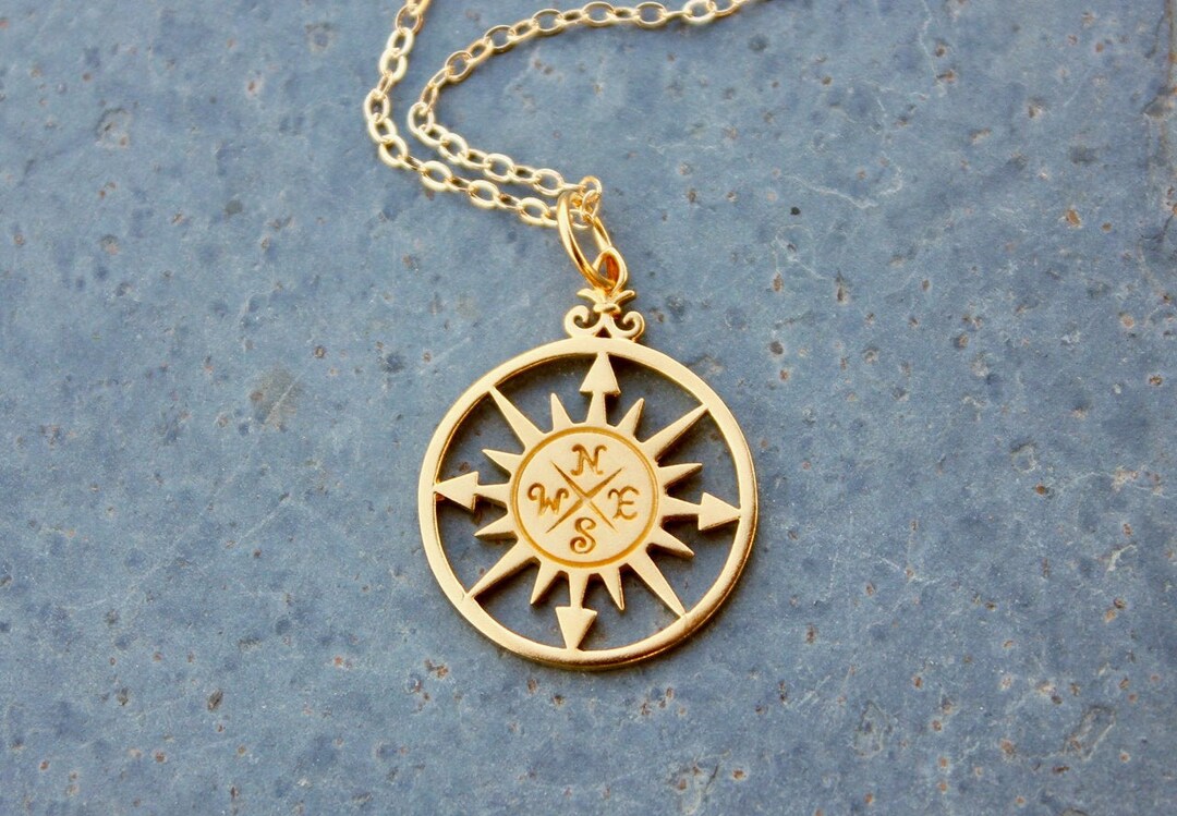 Golden Compass Necklace- 24k Gold Plated Compass Rose Charm & 14k Gold ...