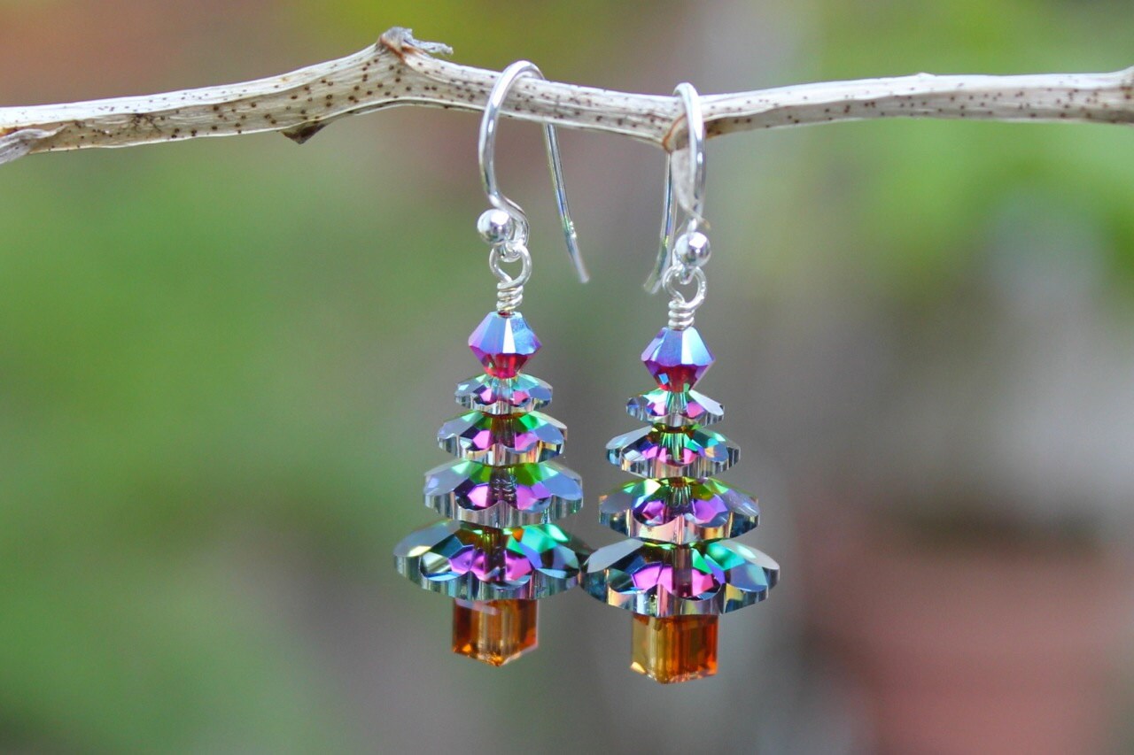 Color Changing Crystal Christmas Tree Sterling Silver Earrings- Green ...