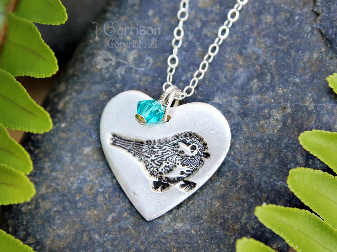 My Little Chickadee Heart & Birthstone Necklace - Handmade Fine Silver ...