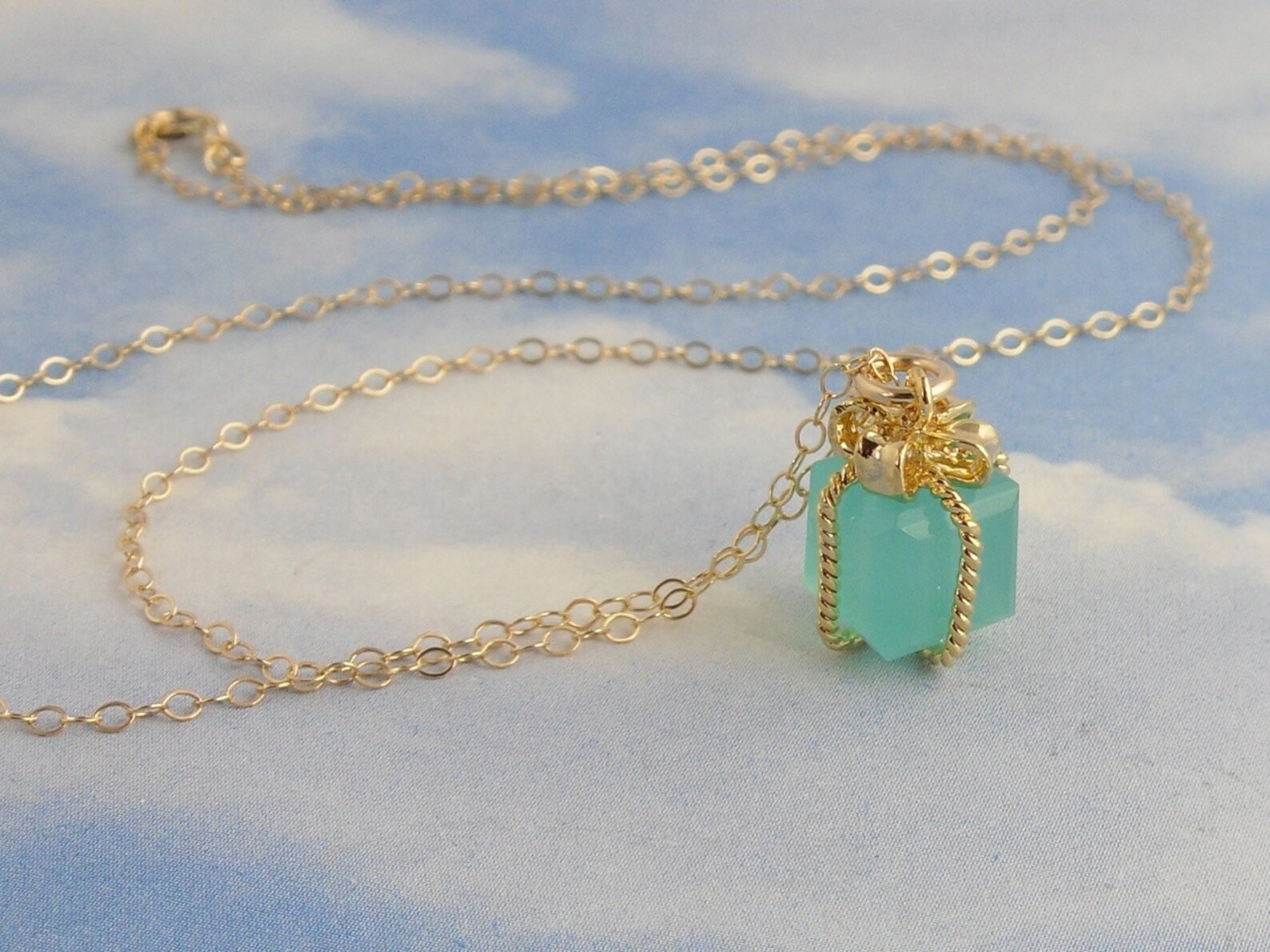 Tiny Present Necklace- Aqua Blue Gift Box Pendant on 14k Gold Filled ...