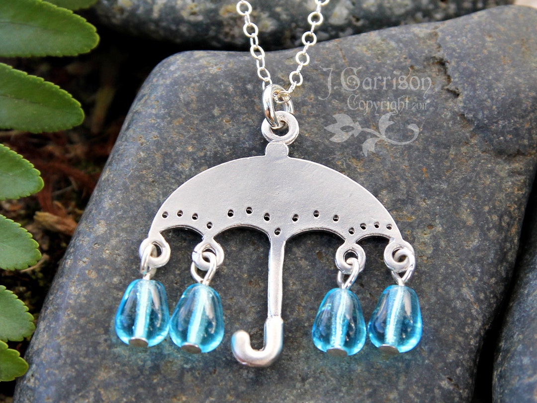 Rainy Day Necklace - Silver Umbrella With Aquamarine Glass Raindrops ...
