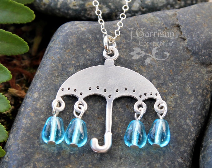 Rainy Day Necklace - Silver Umbrella With Aquamarine Glass Raindrops ...