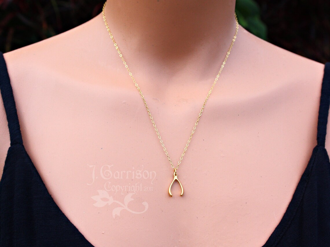 Gold Wishbone Necklace- Wishing Charm & 14k Gold Filled Delicate Chain ...