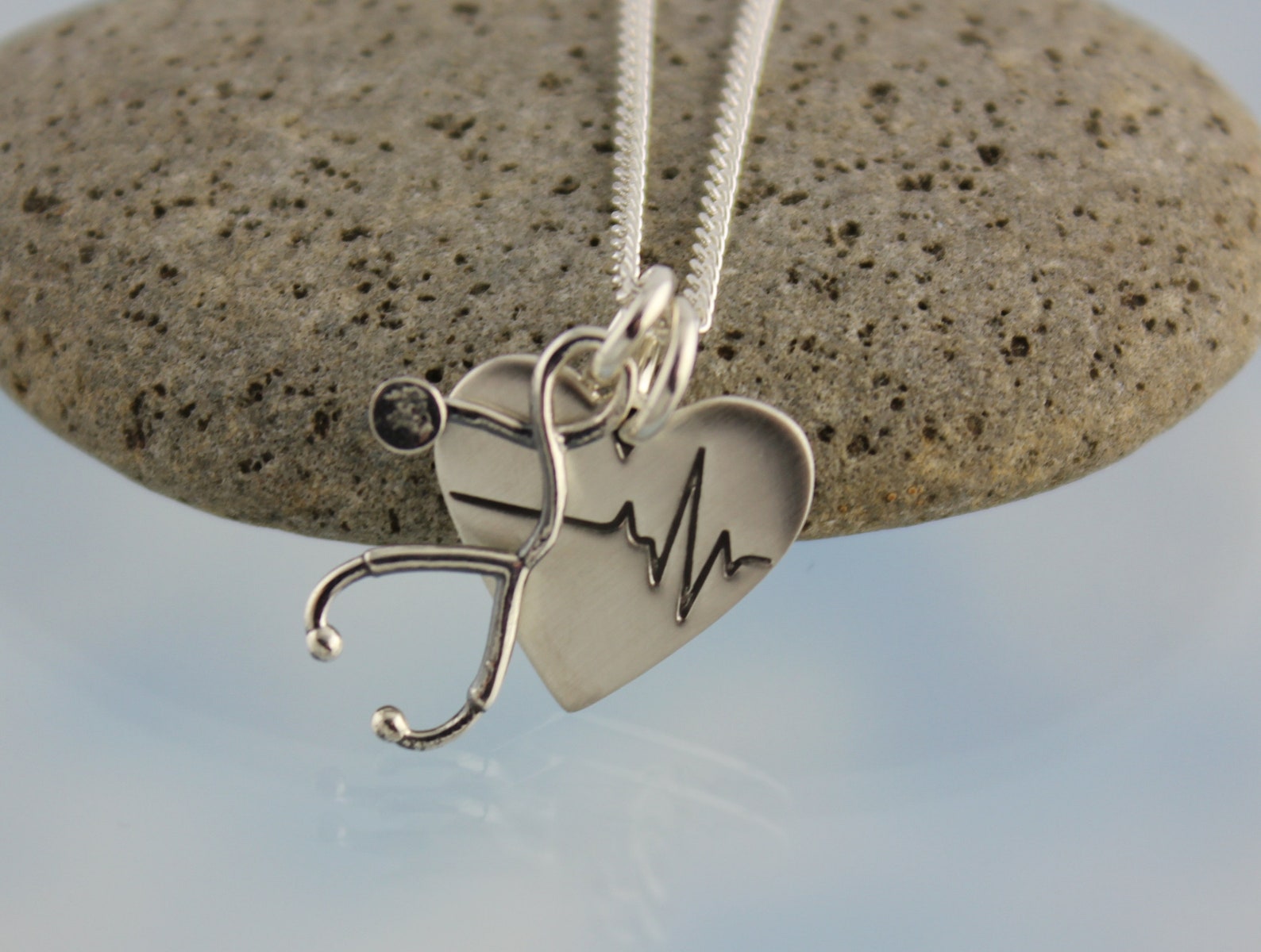 Heartbeat EKG Rhythm and Stethoscope Charm Necklace Sterling - Etsy