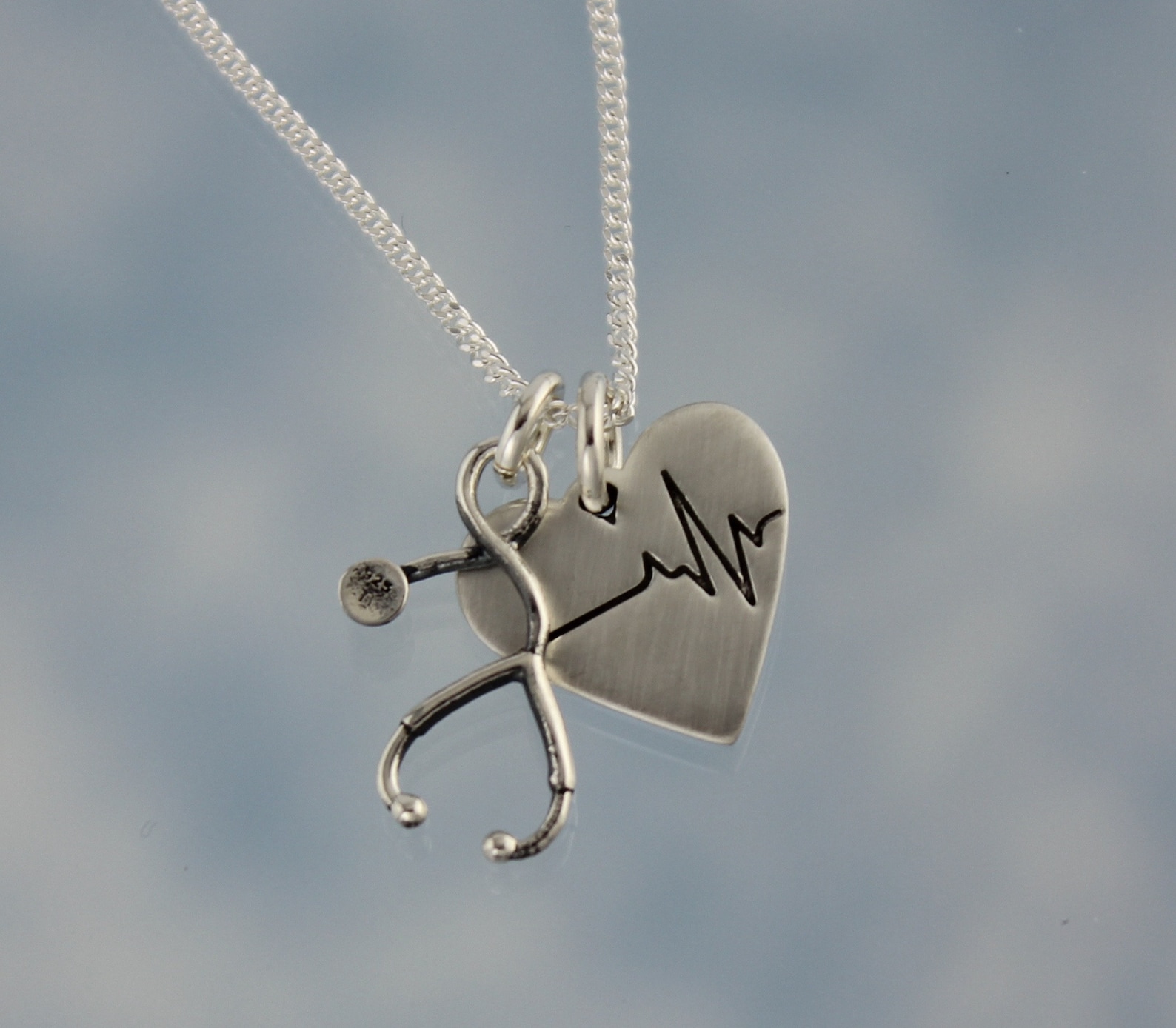 Heartbeat EKG Rhythm and Stethoscope Charm Necklace Sterling - Etsy