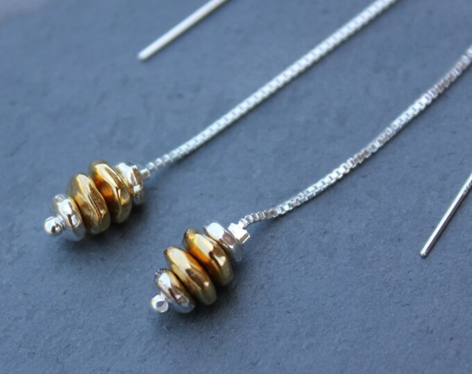 Gold and Silver Stacked Pebbles Threader Earrings 5 Inch Long Sterling ...