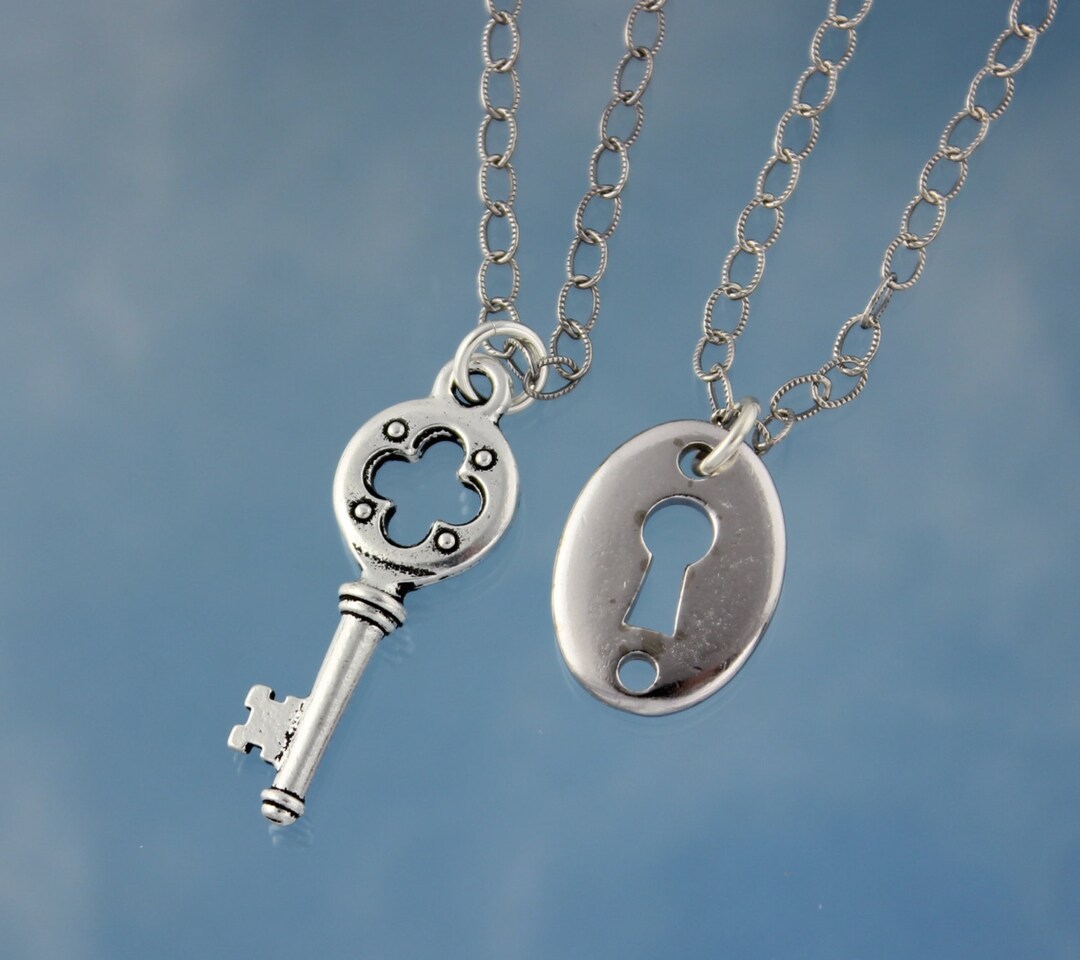 Silver Key and Key Hole Necklace Set on Oxidized Sterling Silver Chains ...