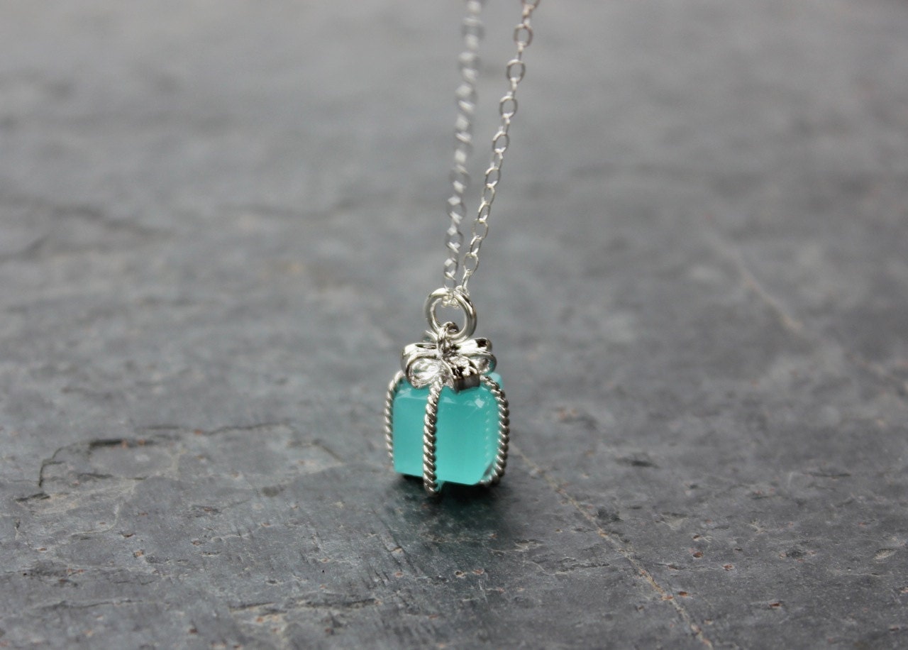 Tiny Present Necklace Aqua Blue Gift Box Pendant on Sterling - Etsy