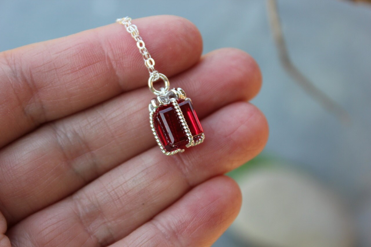 Tiny Present Necklace - Ruby Red Gift Box Pendant on Sterling Silver ...