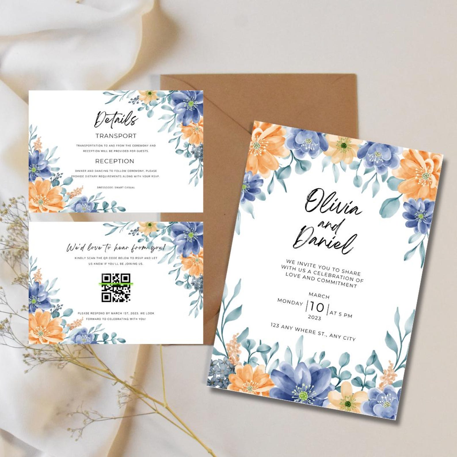 Russet Orange and Denim Blue Wedding Invitation, Fall Flower Invitation ...