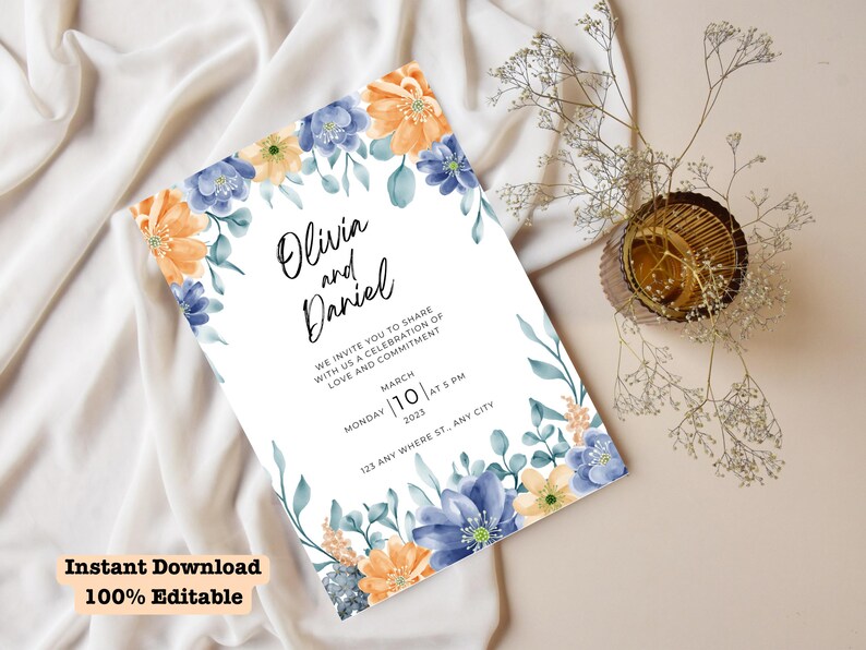 Russet Orange and Denim Blue Wedding Invitation, Fall Flower Invitation ...