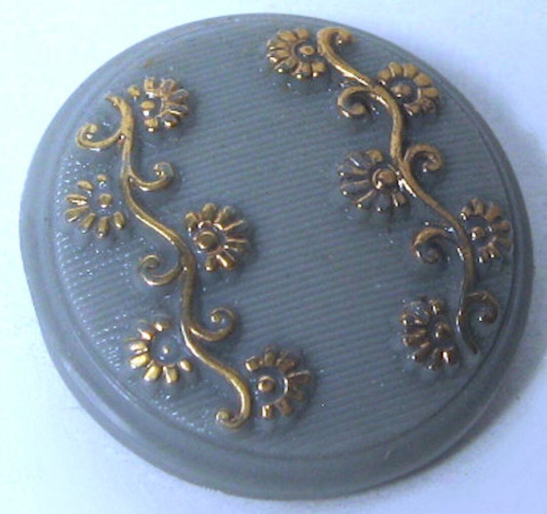 NBS Medium Gray Glass Button With Gold Luster Floral 2795-10 Vintage ...