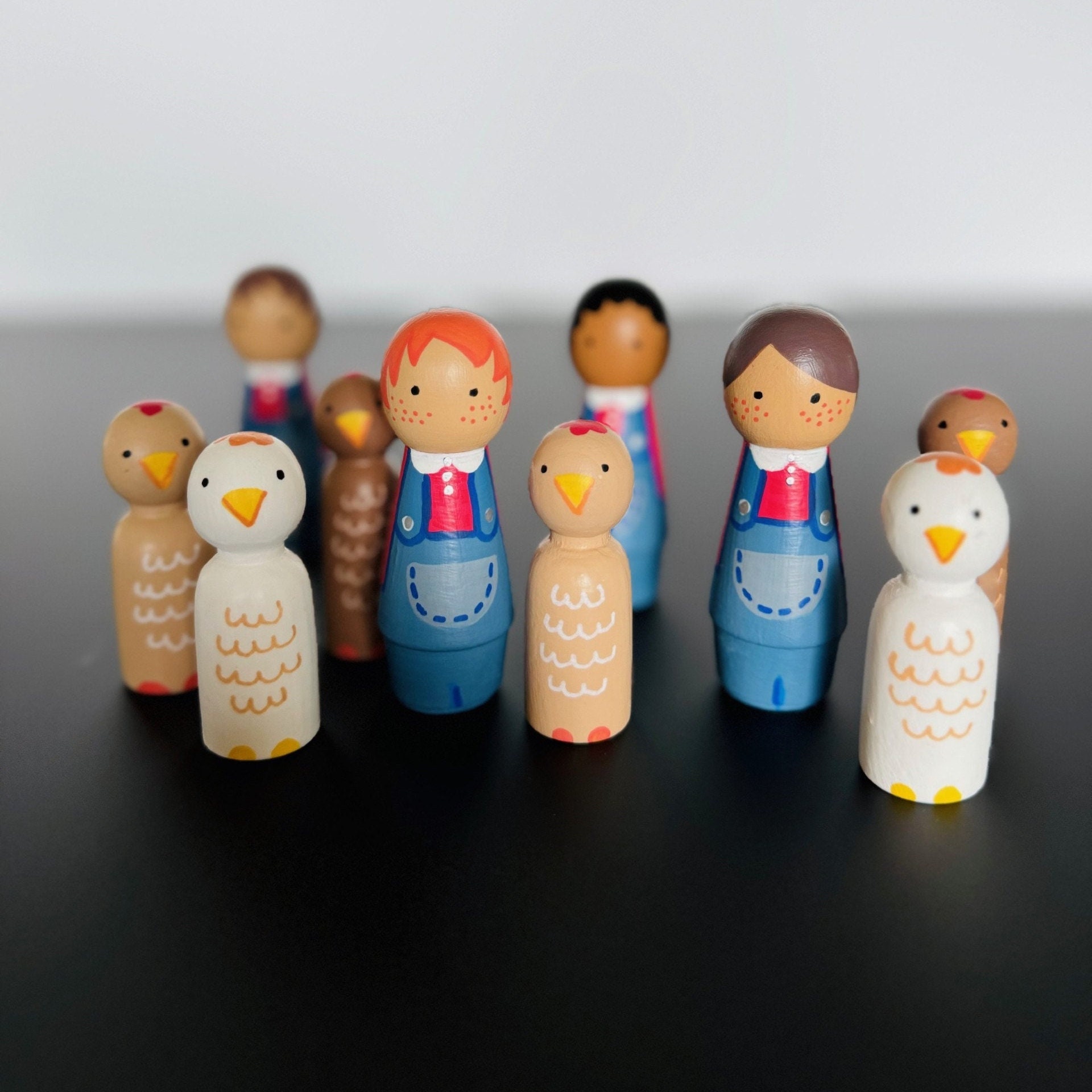 Hand-painted Farmer & Chicken Peg Dolls: Wooden Farm Animal Toy - Etsy