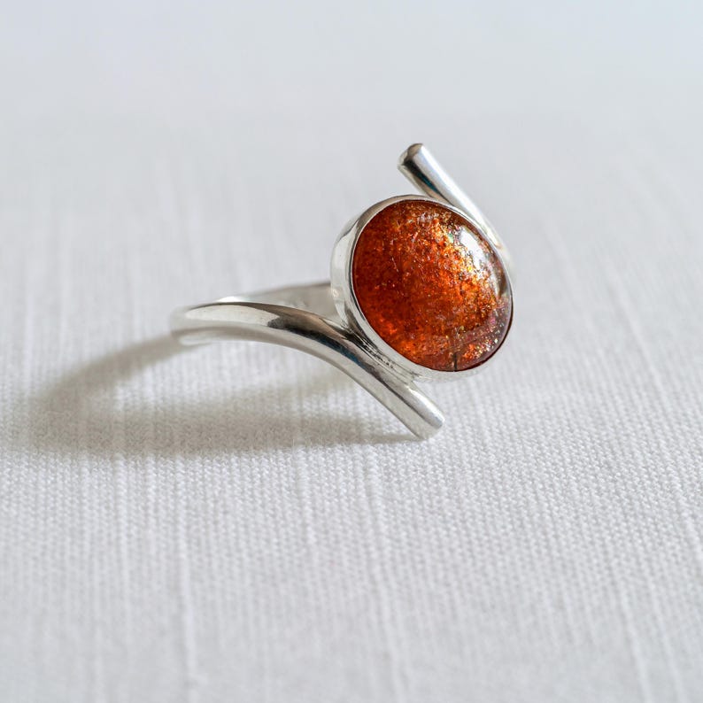 Sunstone Ring Sterling Silver Ring Minimalist Oval Ring Orange Flash ...