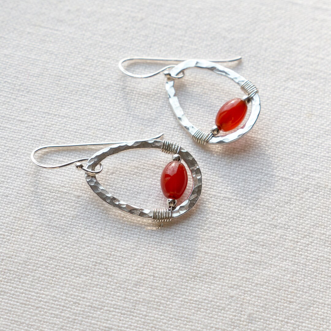Hammered Fine Silver Teardrop Earrings With Carnelian Earthy Jewelry ...