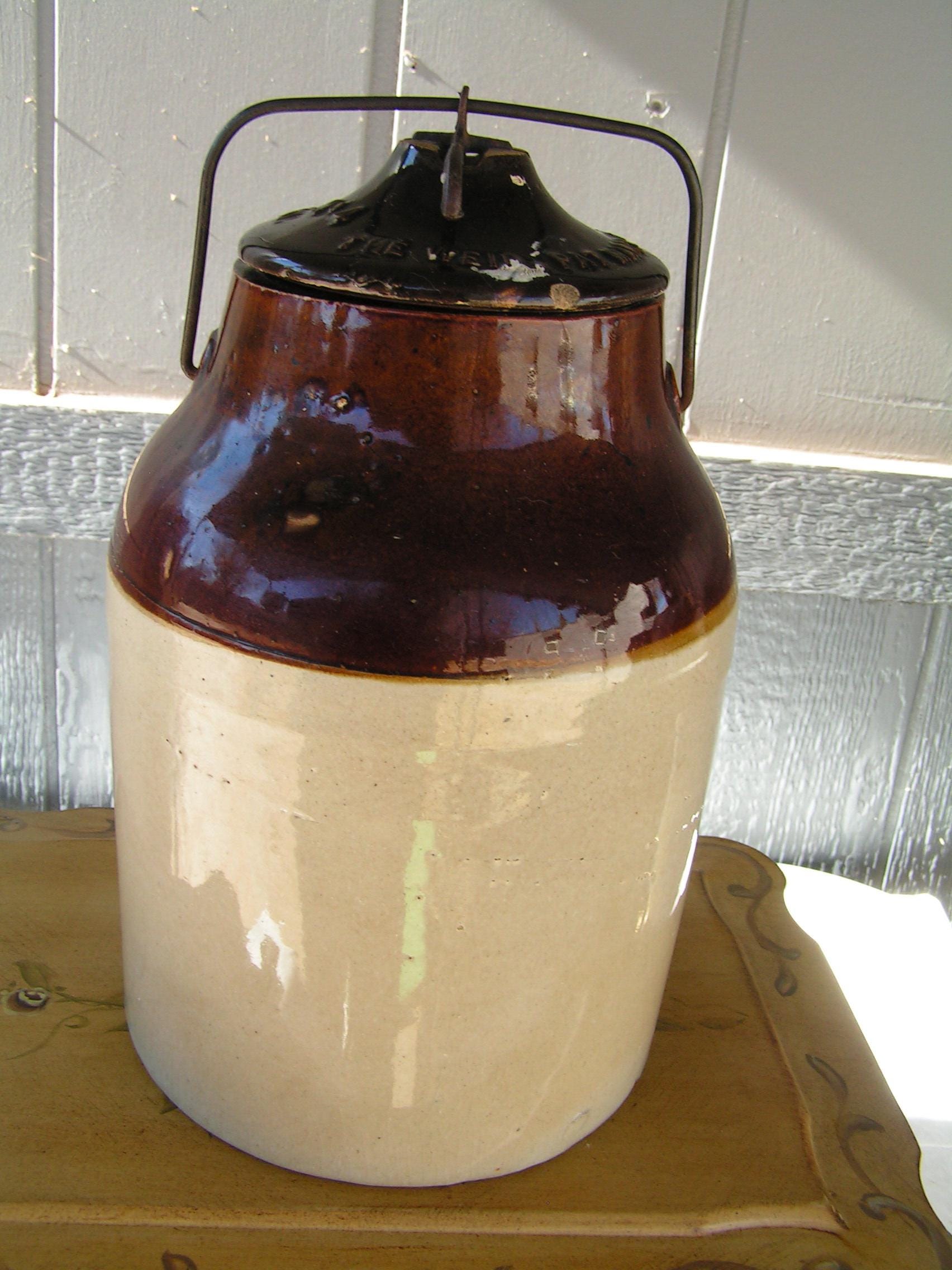 WEIR Antique Stoneware #4 Two Tone Food Storage Jar Crock With Wire ...