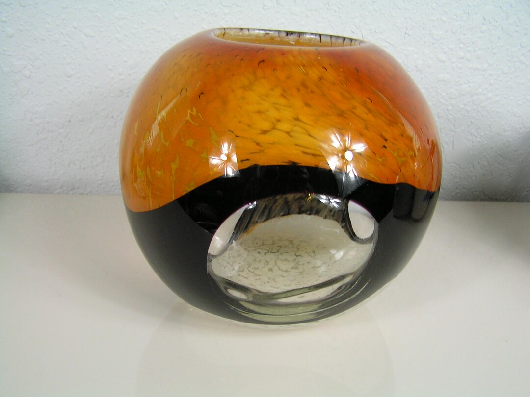 Vintage Art Glass Fish Eye Fish Bowl Speckled Glass Vase in Gold Brown ...