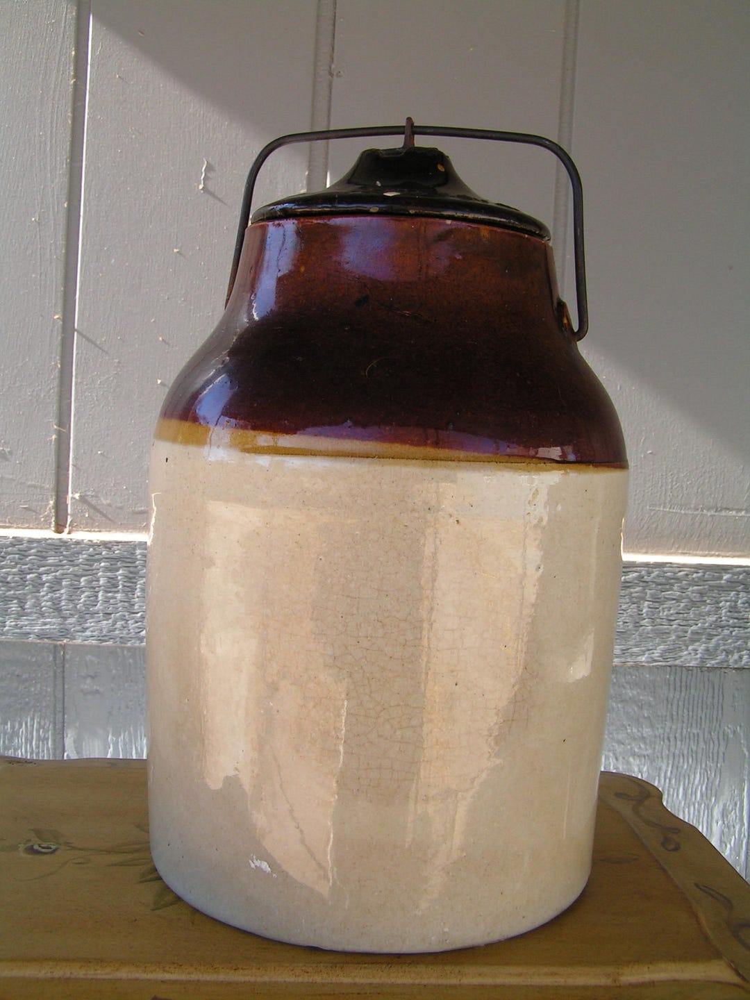 WEIR Antique Stoneware #4 Two Tone Food Storage Jar Crock With Wire ...