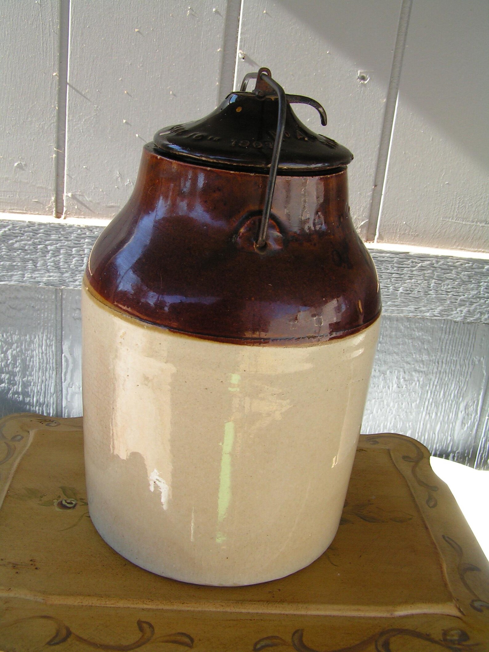 WEIR Antique Stoneware #4 Two Tone Food Storage Jar Crock With Wire ...