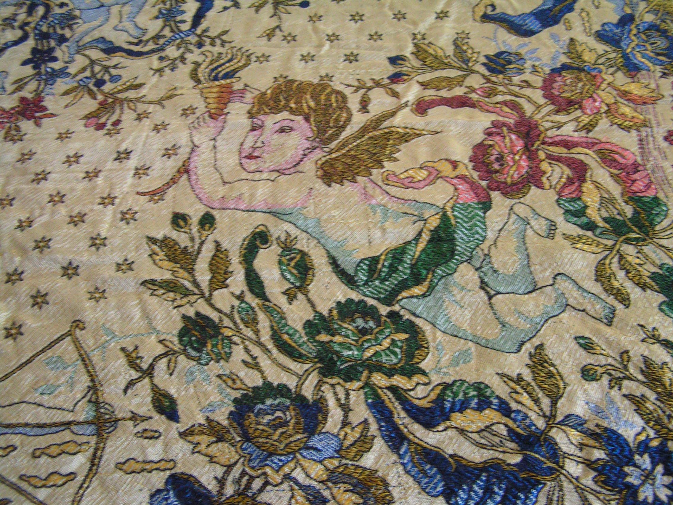 Vintage Italian Mid-century Cherub and Floral Brocade Colorful Satin ...