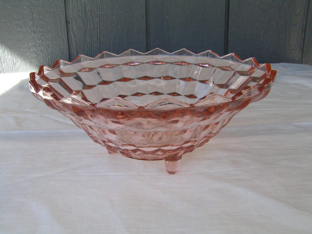 Large Vintage Pink Depression Glass Cubist Pattern 3-footed Bowl by ...
