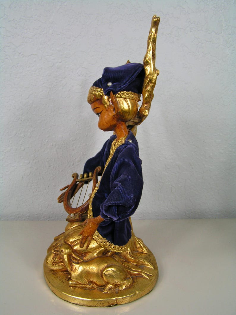 Hollywood Regency Mid Century Pixie Elf Figure in Velvet and Gold Woven ...