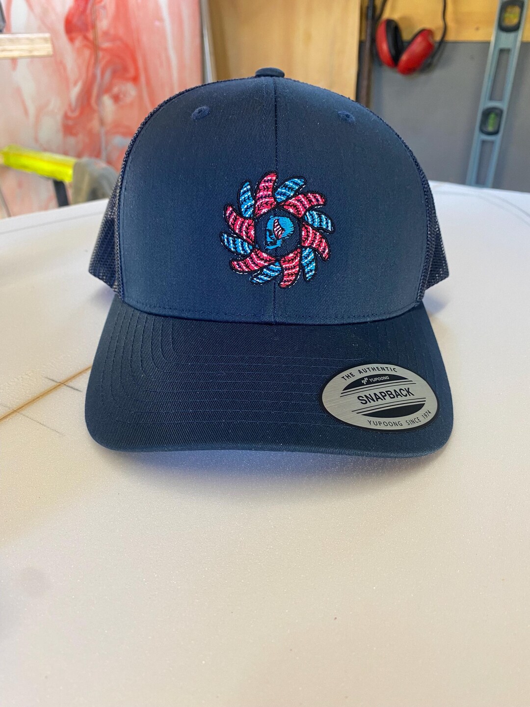 Embroidered Skull & Surfboard Fin Halo Design Trucker Hat- Great ...
