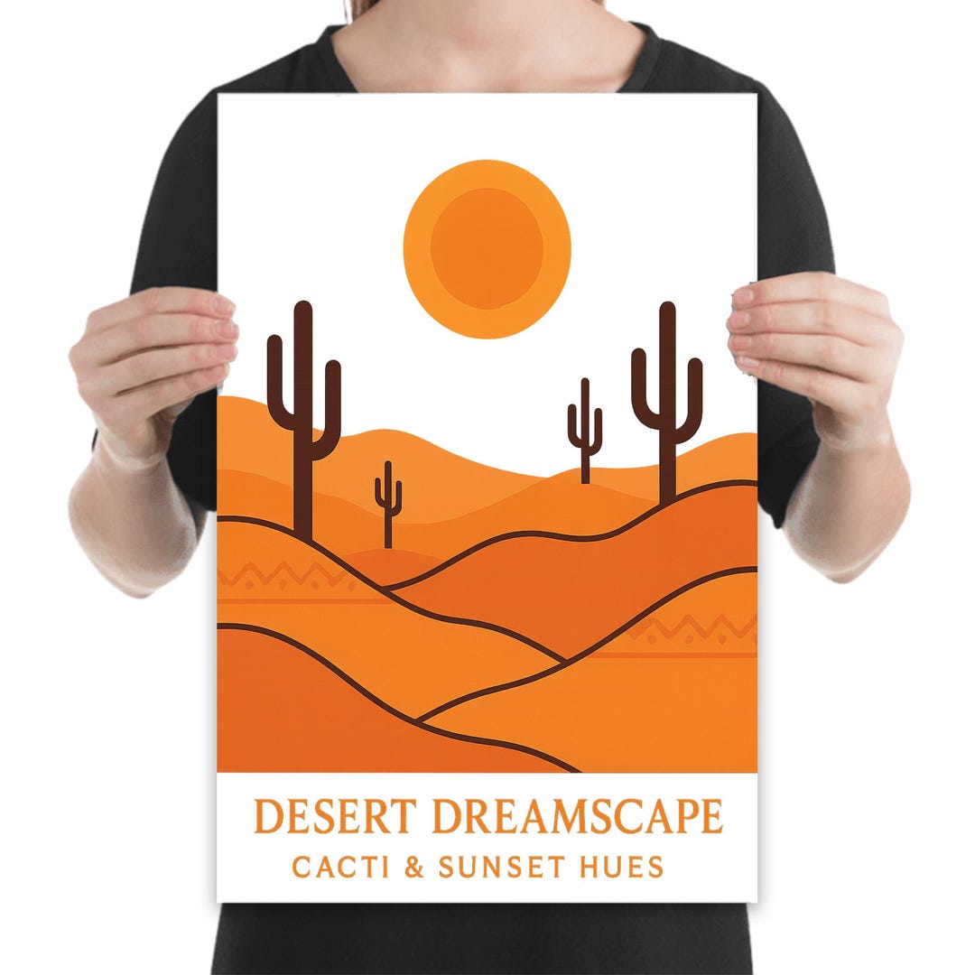 Desert Dreamscape Poster - Warm Sunset With Cacti and Dunes - Etsy