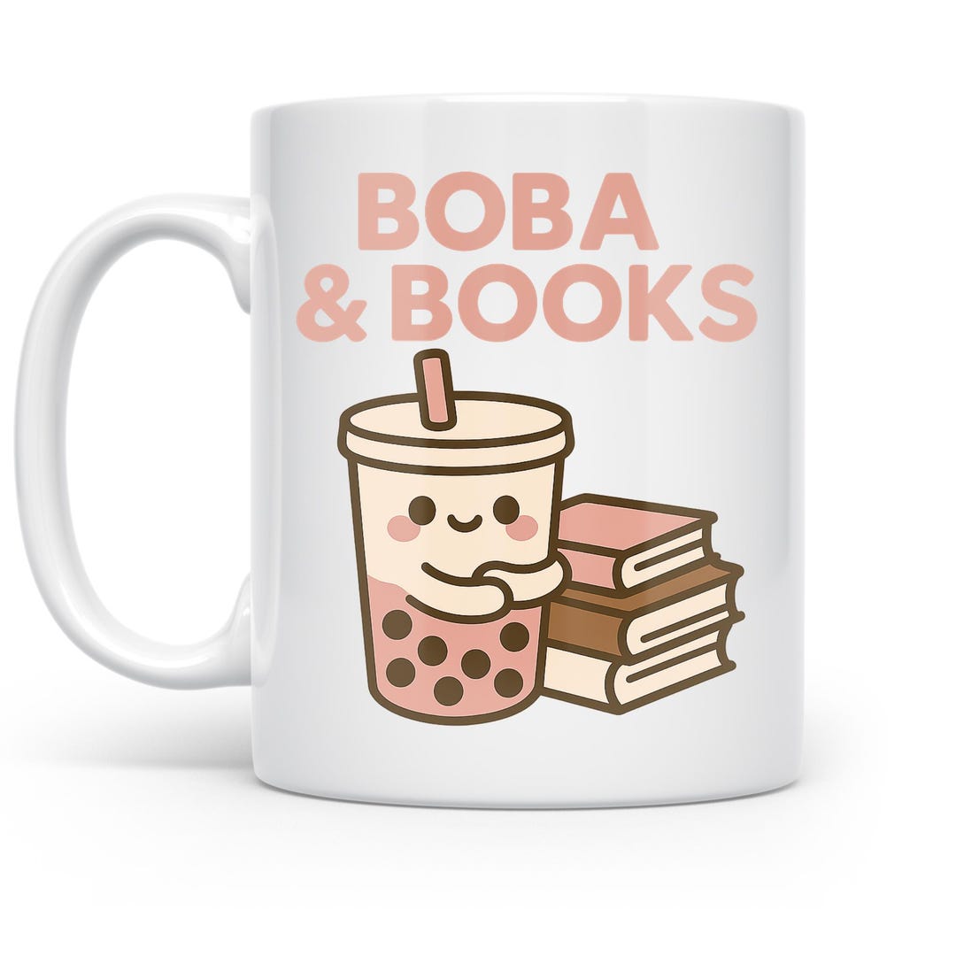 Boba and Books Mug, Bubble Tea Art, Cute Kawaii Ceramic, Library Chill ...