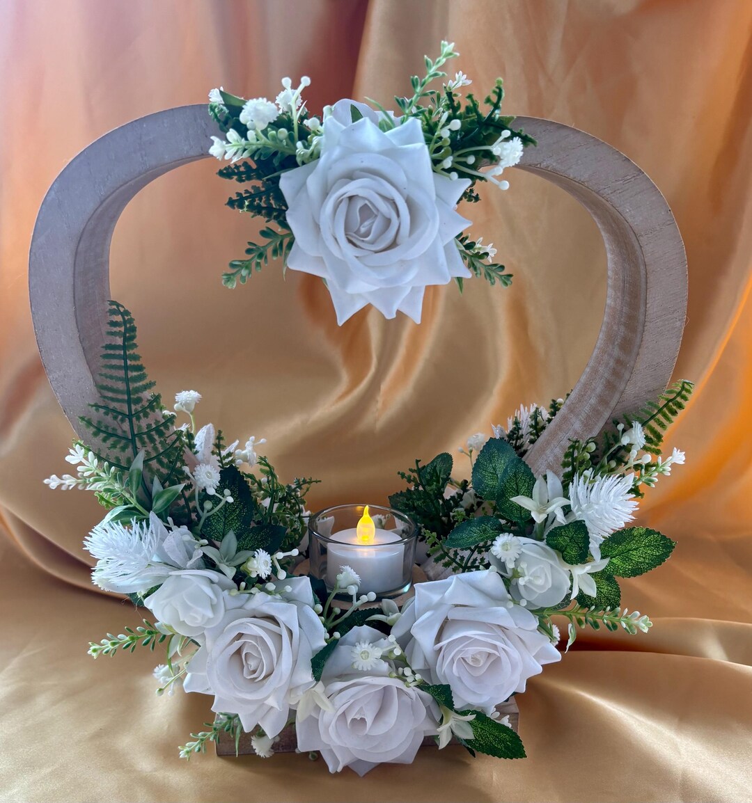Wooden Heart Tea Light Centrepiece With White Roses for Top Table, Sweetheart Table, Memory ...