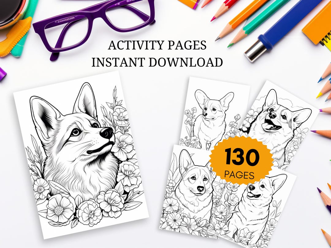 Printable Corgi Coloring Pages Corgi and Flower Design Coloring Book ...