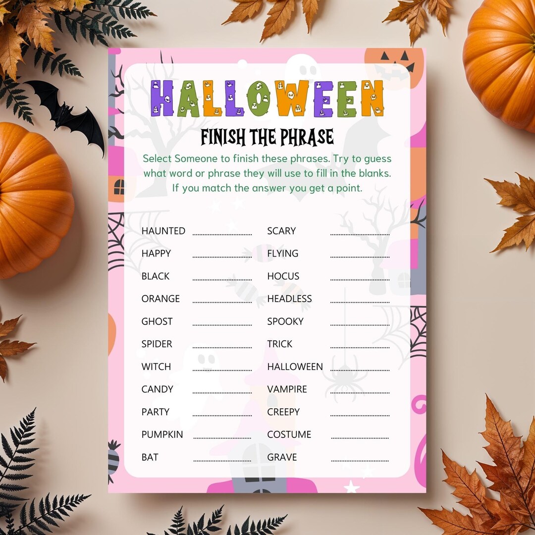 Printable Pink Halloween Finish the Phrase Game in US Letter, 5x7, A4 ...