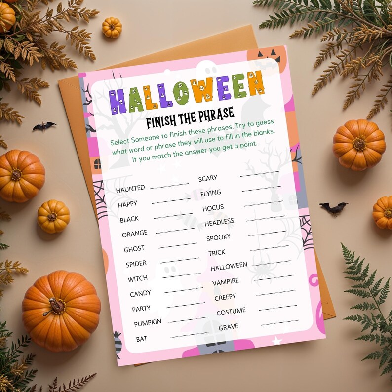 Printable Pink Halloween Finish the Phrase Game in US Letter, 5x7, A4 ...