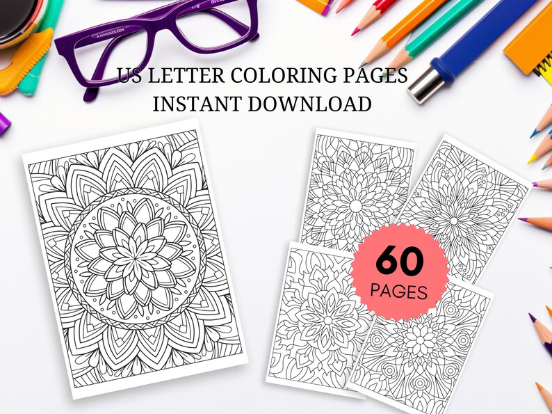 60 Mandala Coloring Pages Adult Coloring Stress Relief Pages Printable ...