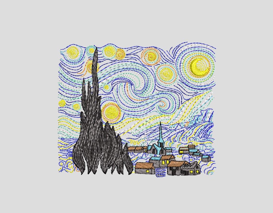 Embroidery Design Starry Night, Van Gogh Starry Night Embroidered ...