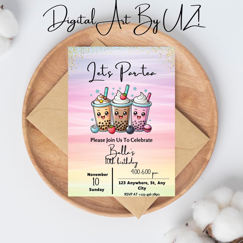 Editable Boba Tea Birthday Invitation Template, Par-tea Invitation, Par ...