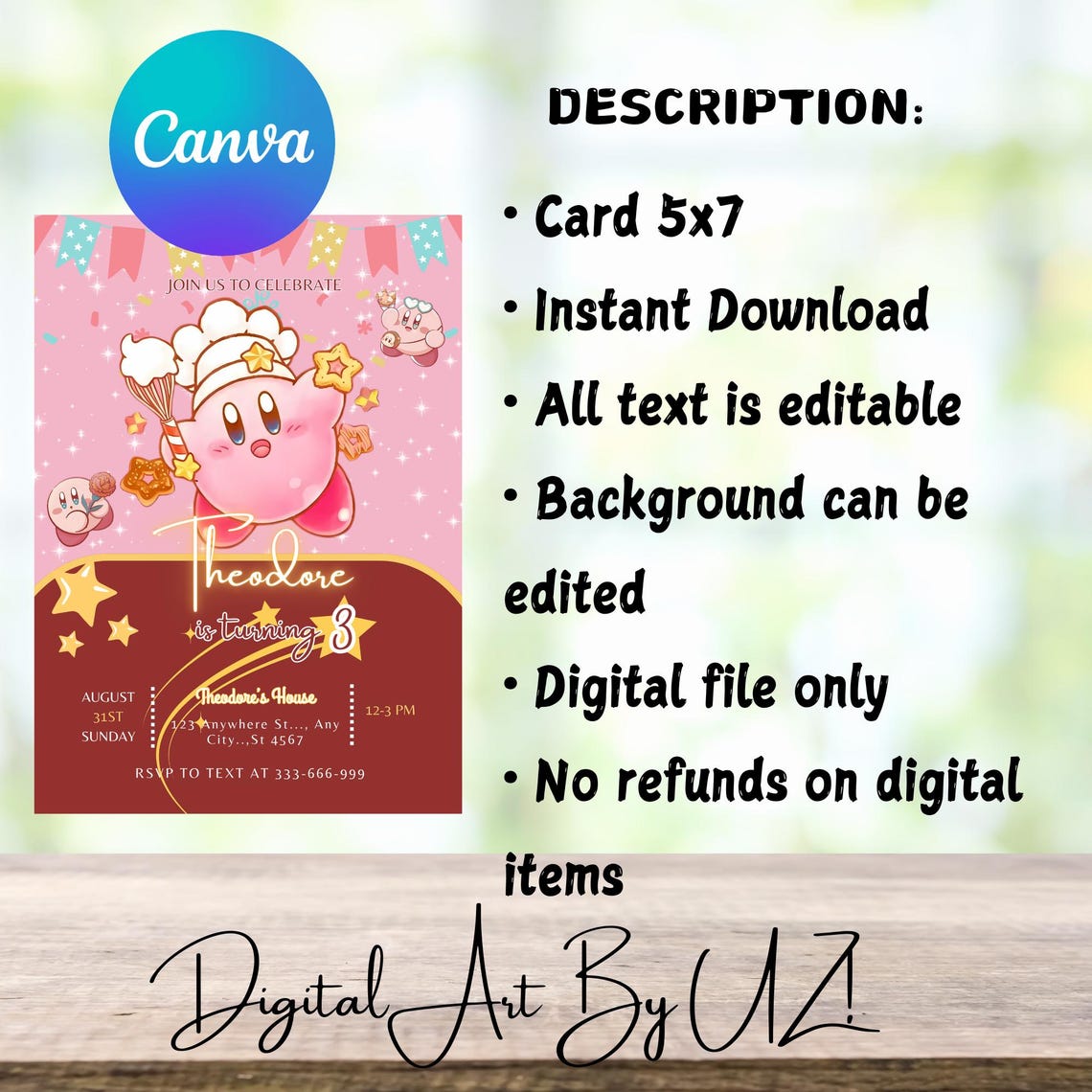 Editable Kirby Birthday Invitation Template, Fourth Birthday Party Invite, Kirby Game Party ...