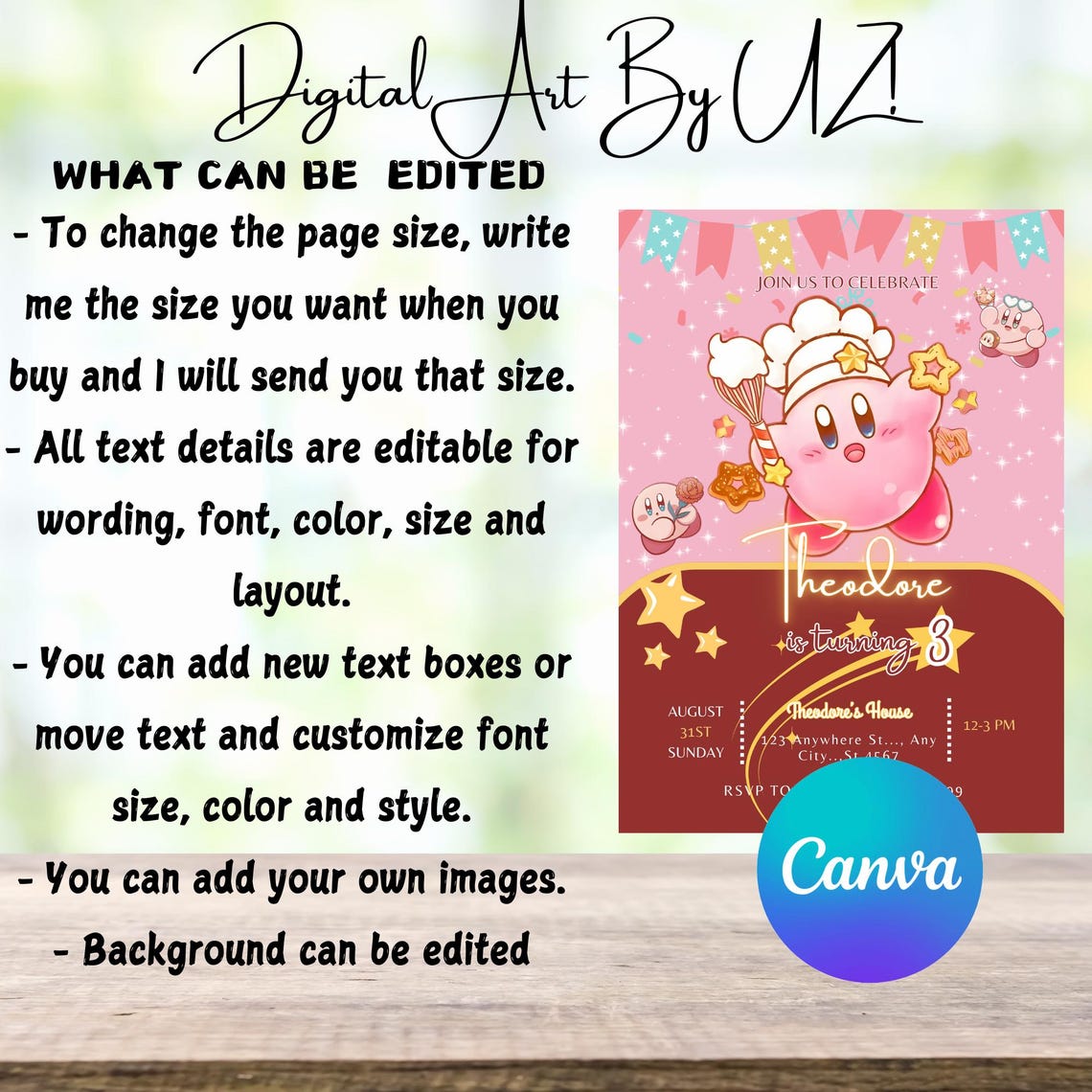 Editable Kirby Birthday Invitation Template, Fourth Birthday Party Invite, Kirby Game Party ...