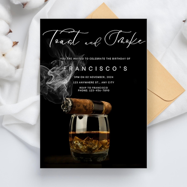 Editable Toasts and Smokes Male Birthday Party Invite, Men Invitation ...