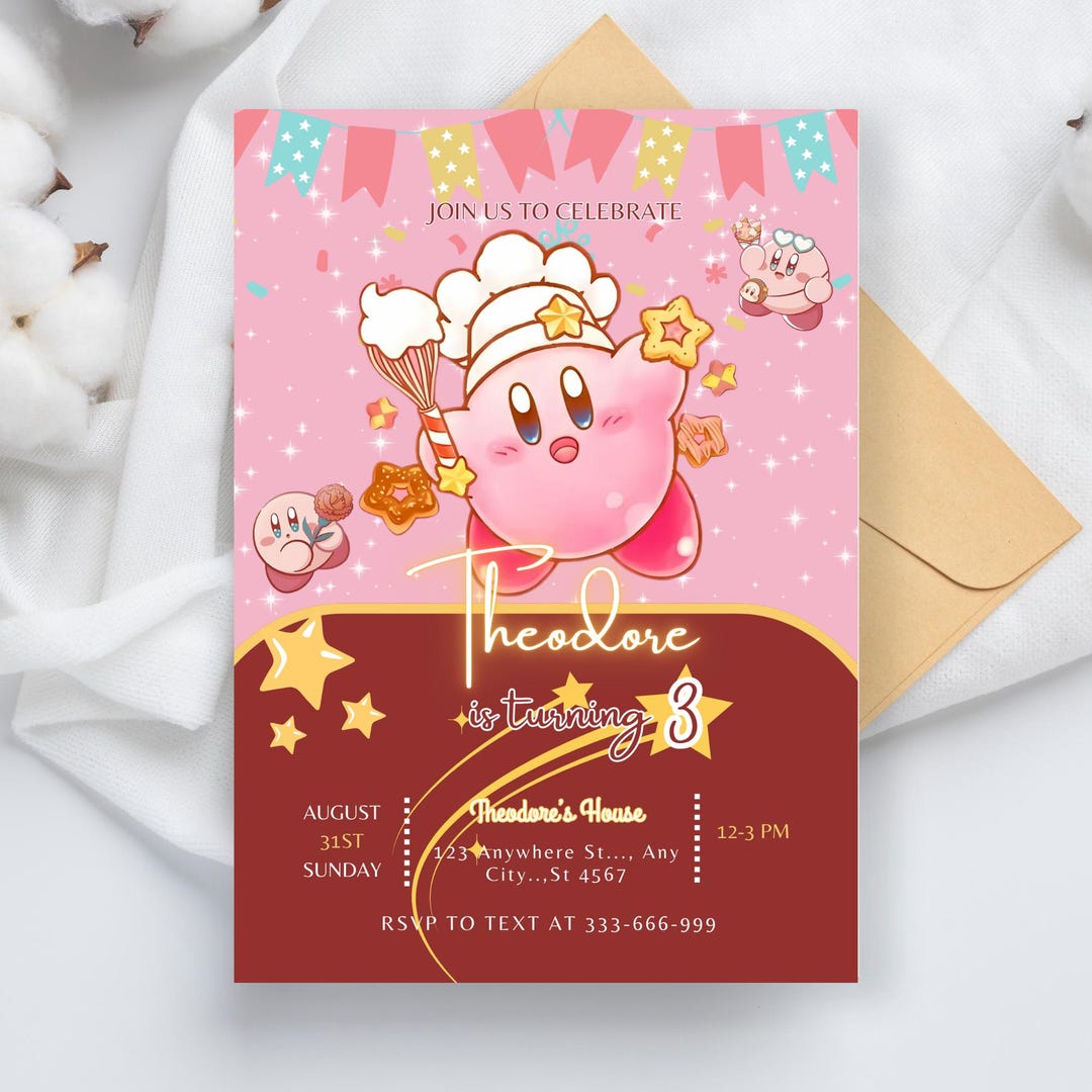 Editable Kirby Birthday Invitation Template, Fourth Birthday Party ...
