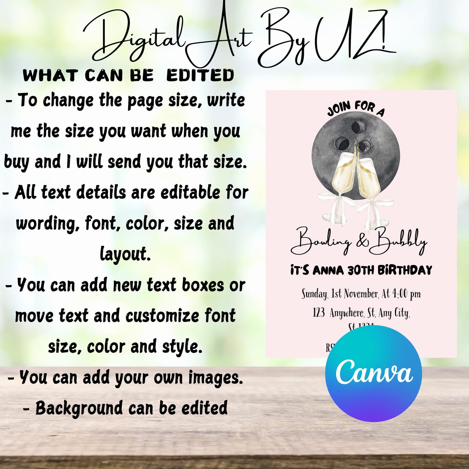 Editable Bowling and Bubbly Adult Birthday Invite Girls Night Out ...