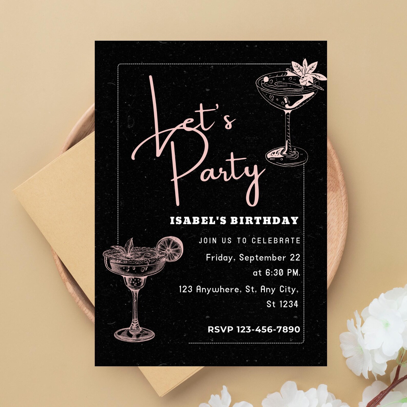 Editable Lets Party Invitation Birthday Printable, Champagne Cocktail ...