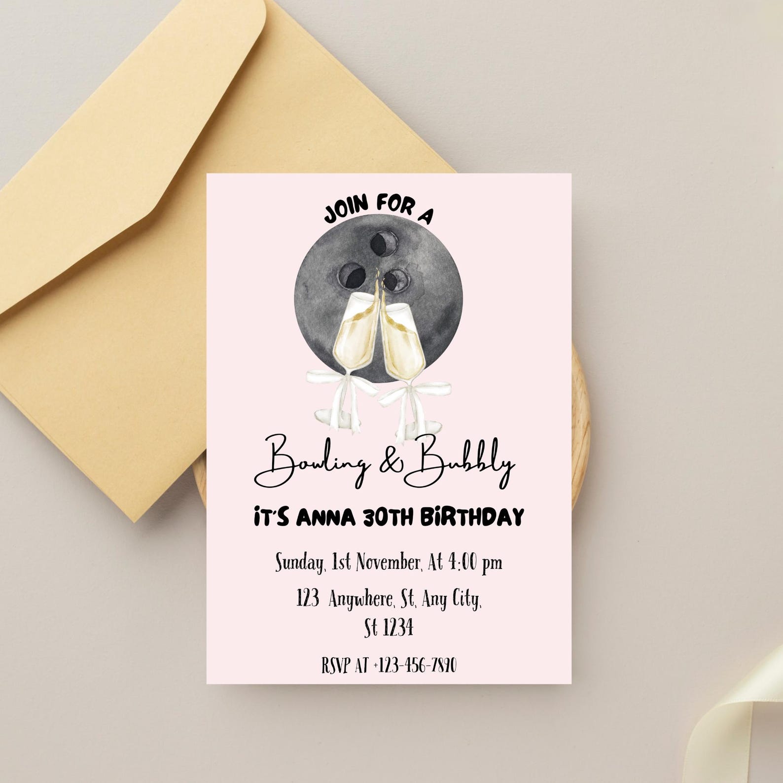 Editable Bowling and Bubbly Adult Birthday Invite Girls Night Out ...